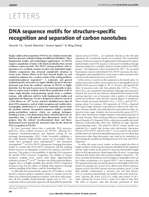 (PDF) DNA sequence motifs for structure-specific recognition and separation of carbon nanotubes