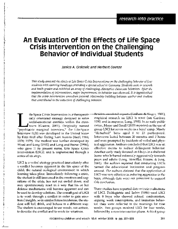 (PDF) An evaluation of the effects of Life Space Crisis Intervention on ...