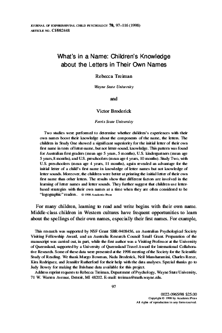 (PDF) What's in a Name: Children's Knowledge about the Letters in Their ...