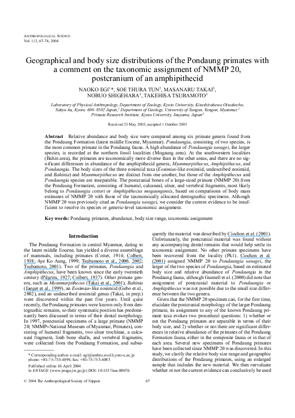 (PDF) Geographical and body size distributions of the Pondaung primates ...