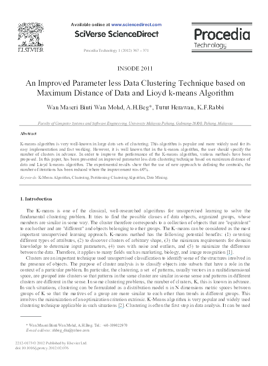 (PDF) An Improved Parameter less Data Clustering Technique based on Maximum Distance of Data and ...