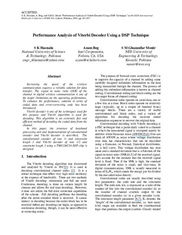 Pdf Performance Analysis Of Viterbi Decoder Using A Dsp Technique Azam Beg
