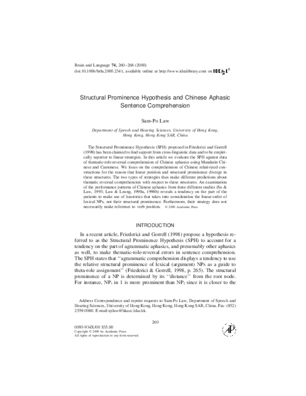 (PDF) Structural Prominence Hypothesis and Chinese Aphasic Sentence ...