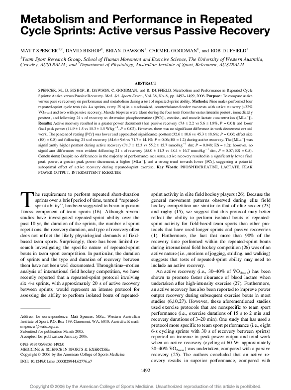 (PDF) Metabolism and Performance in Repeated Cycle Sprints: Active versus Passive Recovery