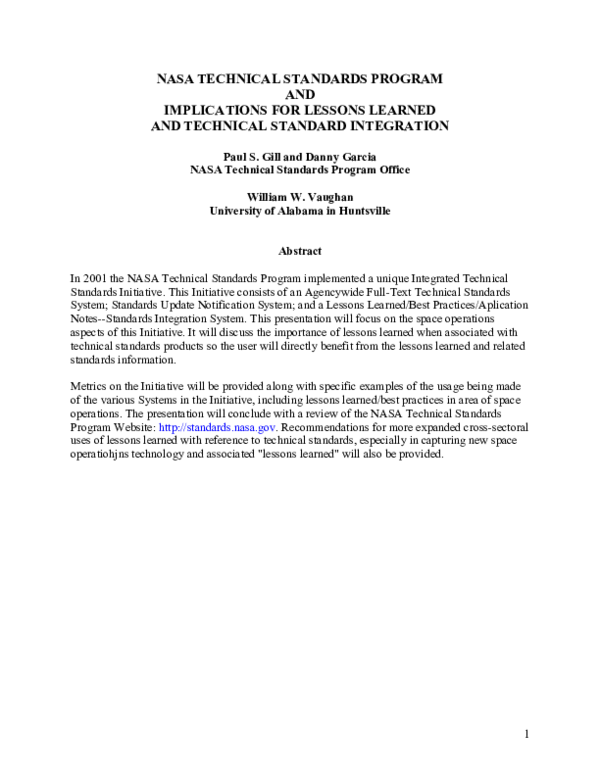 Pdf Nasa Technical Standards Program And Implications For Lessons