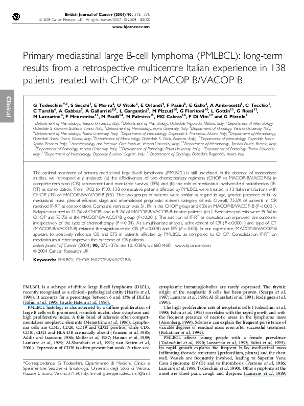 (PDF) Primary mediastinal large B-cell lymphoma (PMLBCL): long-term results from a retrospective ...