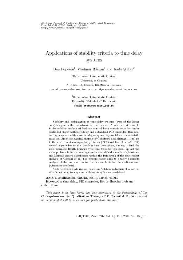 (PDF) Applications of stability criteria to time delay systems