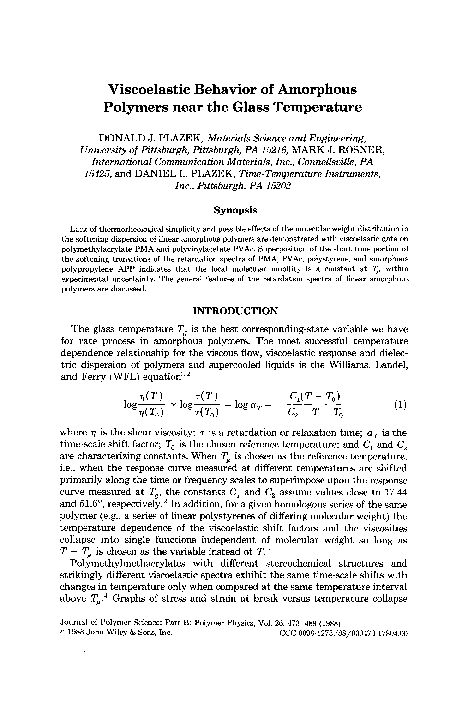 (PDF) Viscoelastic Behavior of Amorphous Polymers near the Glass Temperature