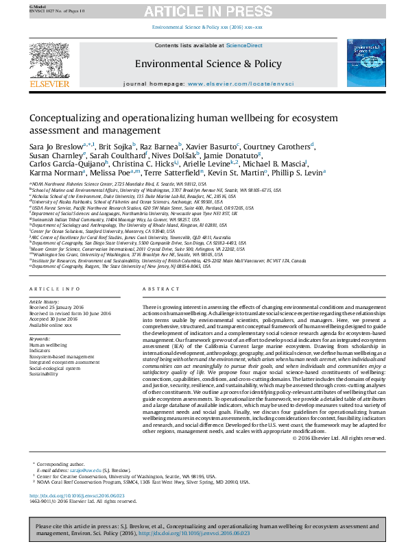 (PDF) Conceptualizing and operationalizing human wellbeing for ecosystem assessment and management