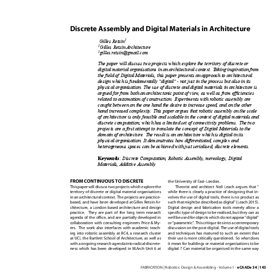 (PDF) Discrete Assembly and Digital Materials in Architecture | ECAADE 2016