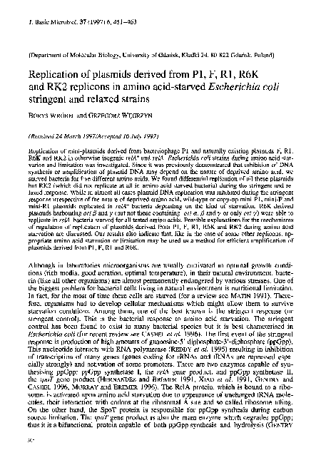 (PDF) Replication of plasmids derived from P1, F, R1, R6K and RK2 ...