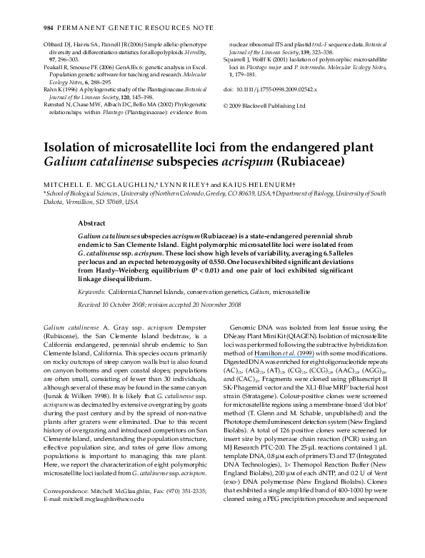 (PDF) Isolation of microsatellite loci from the endangered plant Sibara ...
