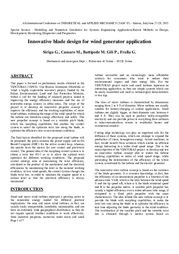(PDF) Innovative blade design for wind generator application