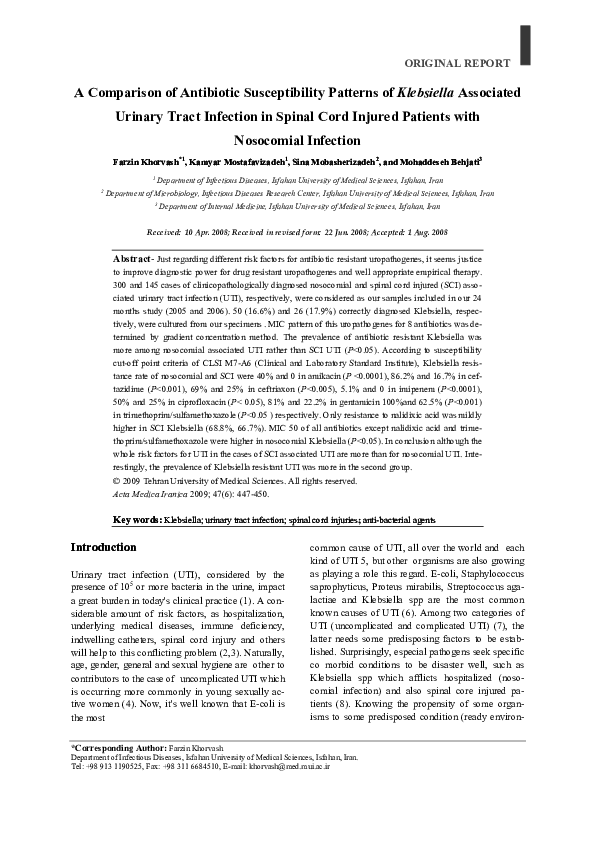 (PDF) A Comparison of Antibiotic Susceptibility Patterns of Klebsiella Associated Urinary Tract ...