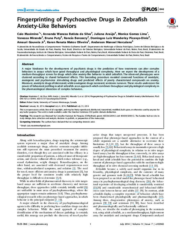 (PDF) Fingerprinting of Psychoactive Drugs in Zebrafish Anxiety-Like Behaviors
