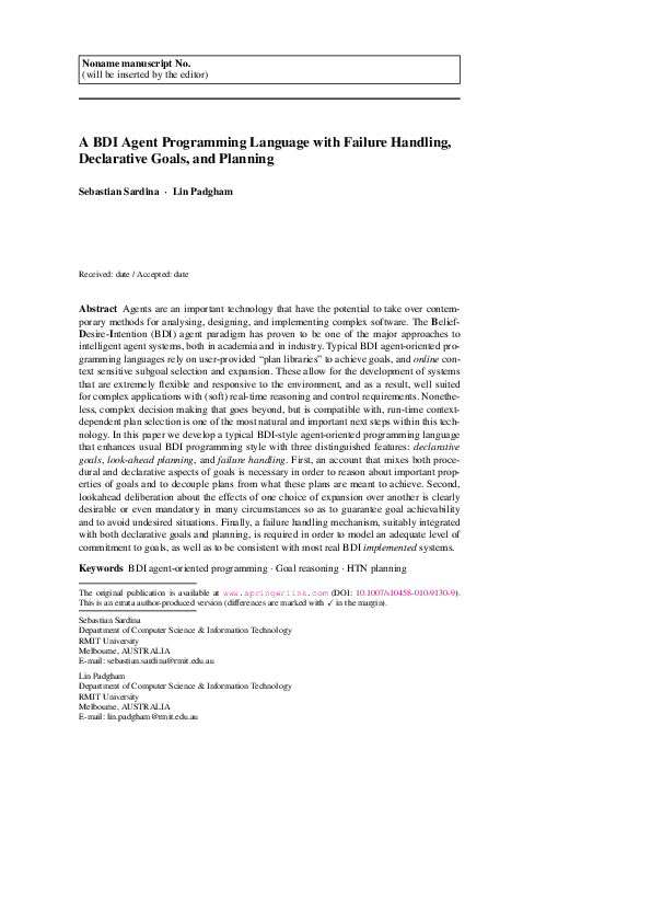 (PDF) A BDI agent programming language with failure handling, declarative goals, and planning ...