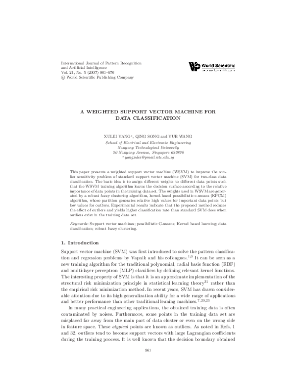 (PDF) A Weighted Support Vector Machine for Data Classification