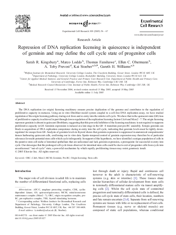 (PDF) Repression of DNA replication licensing in quiescence is ...