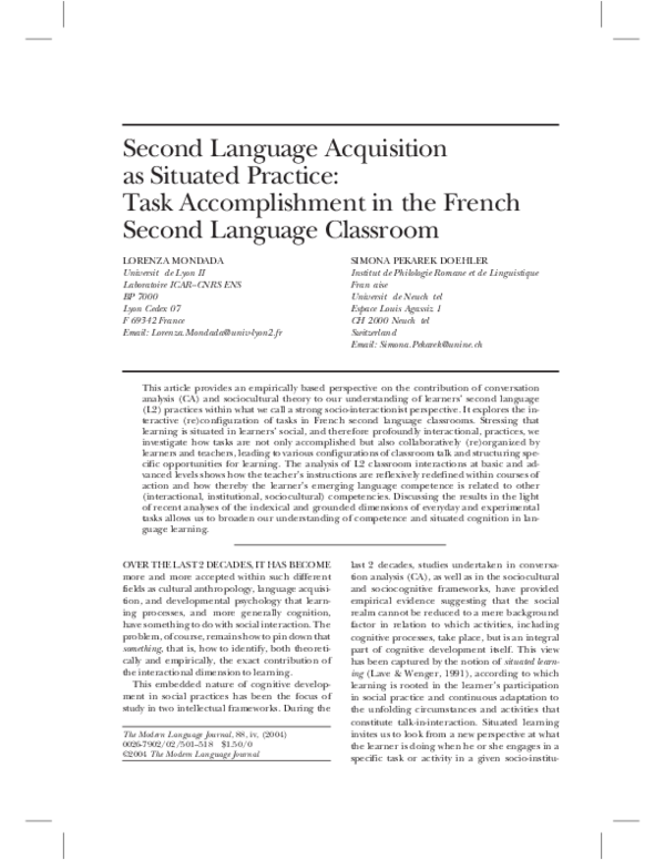 (PDF) Second Language Acquisition as Situated Practice: Task ...