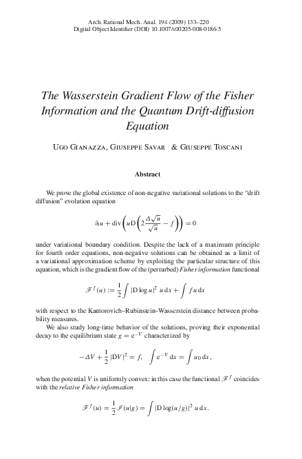 (PDF) The Wasserstein Gradient Flow of the Fisher Information and the Quantum Drift-diffusion ...