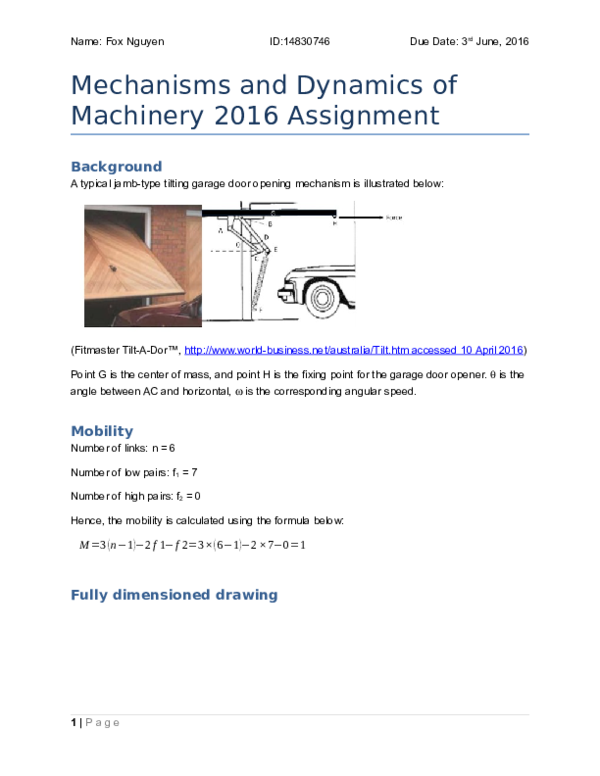 (DOC) Mechanisms and Dynamics of Machinery 2016 Assignment