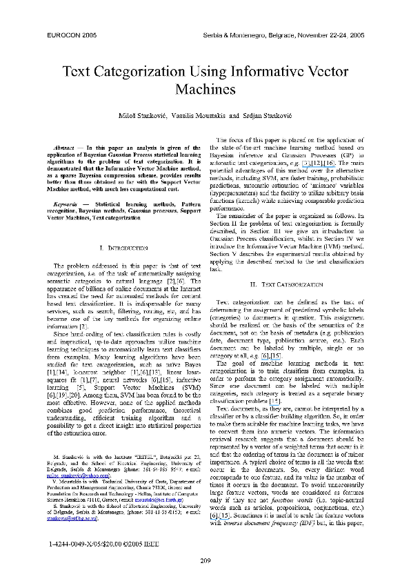 Pdf Text Categorization Using Informative Vector Machines Miroslava Stankovic