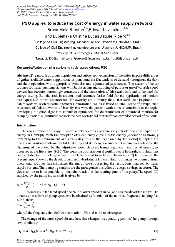 (PDF) PSO Applied to Reduce the Cost of Energy in Water Supply Networks