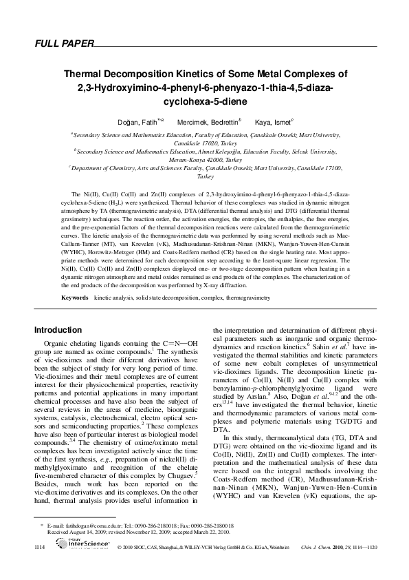 (PDF) Thermal Decomposition Kinetics of Some Metal Complexes of 2 ...
