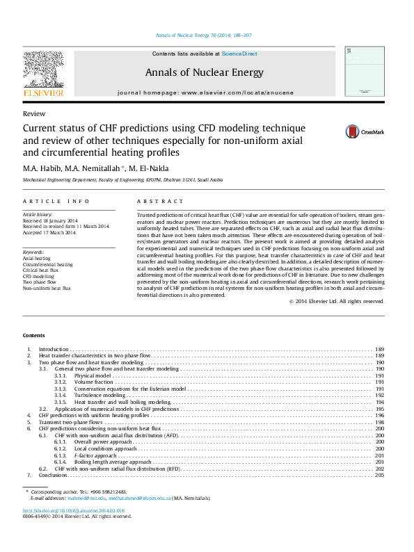 (PDF) Current status of CHF predictions using CFD modeling technique and review of other ...