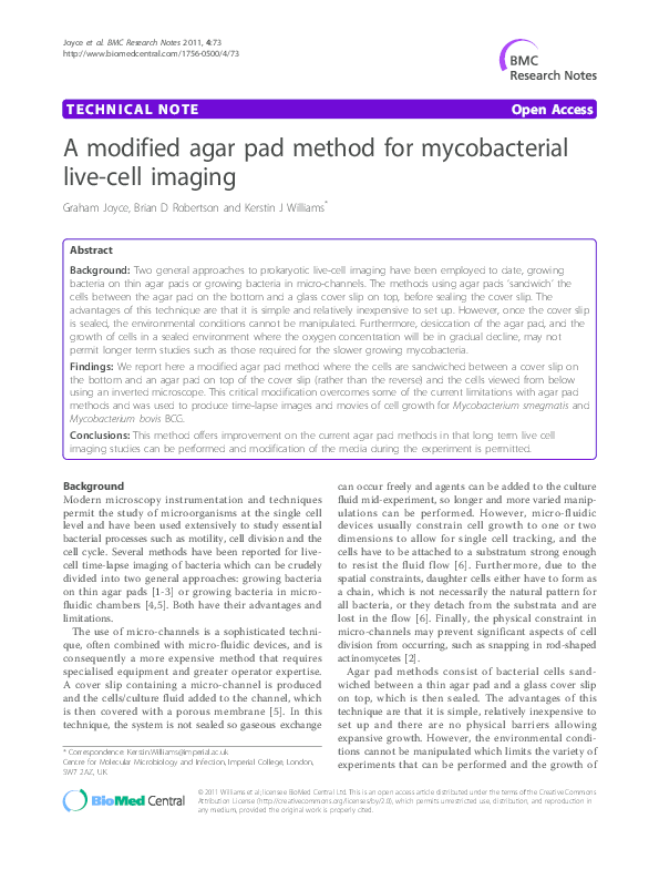 Pdf A Modified Agar Pad Method For Mycobacterial Live Cell Imaging