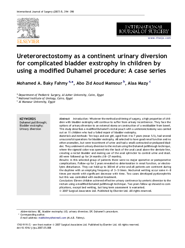 (PDF) Ureterorectostomy as a continent urinary diversion for ...
