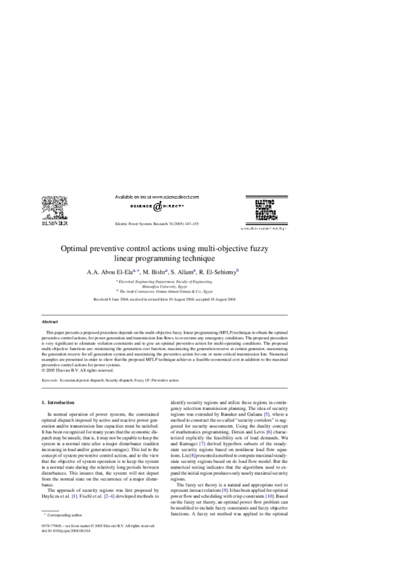 (PDF) Optimal preventive control actions using multi-objective fuzzy linear programming technique