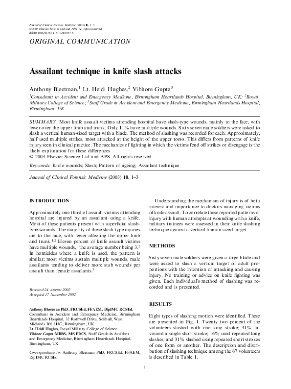 (PDF) Assailant technique in knife slash attacks