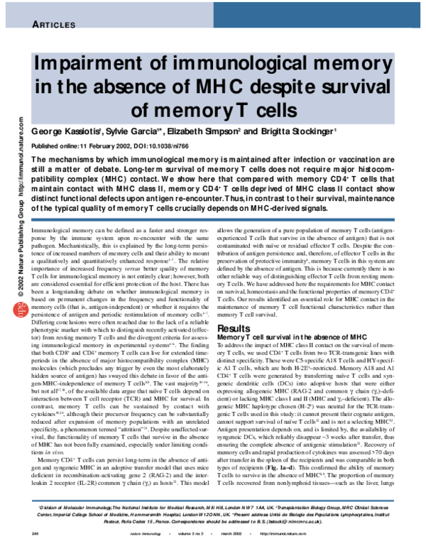 (PDF) Impairment of immunological memory in the absence of MHC despite survival of memory T cells
