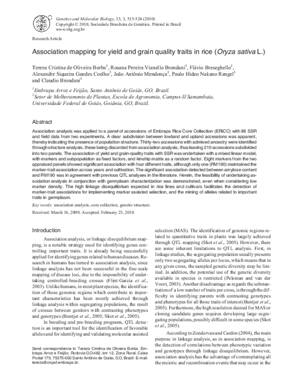 (PDF) Association mapping for yield and grain quality traits in rice (Oryza sativa L