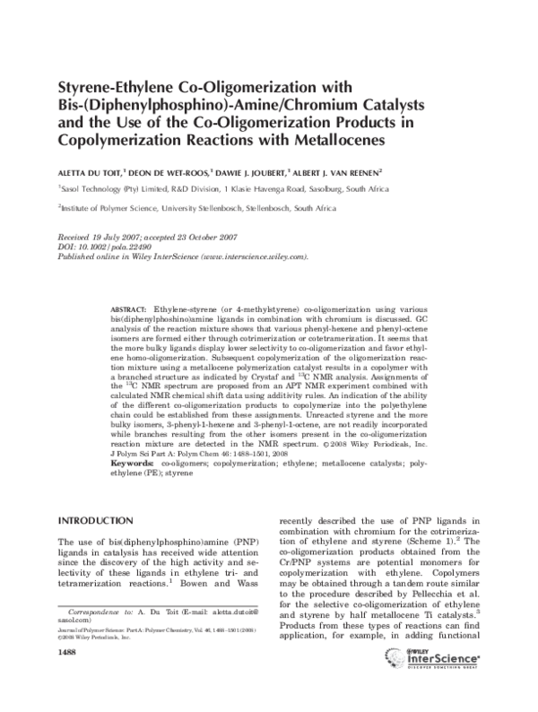 (PDF) Styrene-ethylene co-oligomerization with bis-(diphenylphosphino ...
