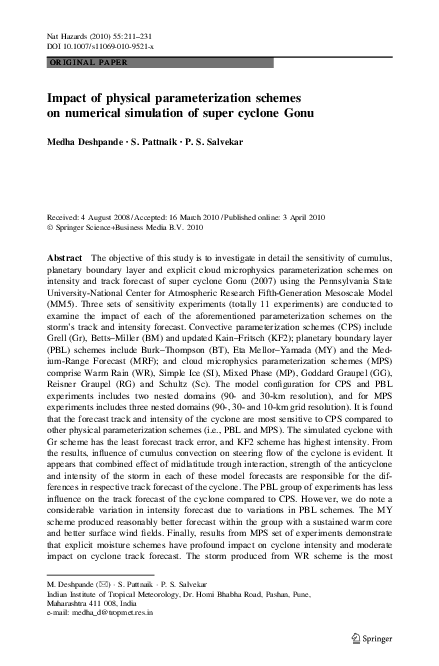 (PDF) Impact of physical parameterization schemes on numerical simulation of super cyclone Gonu