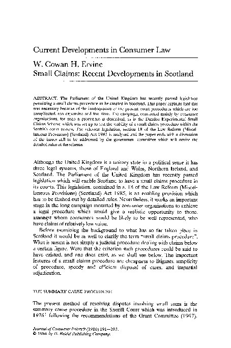 (PDF) Small claims: Recent developments in Scotland