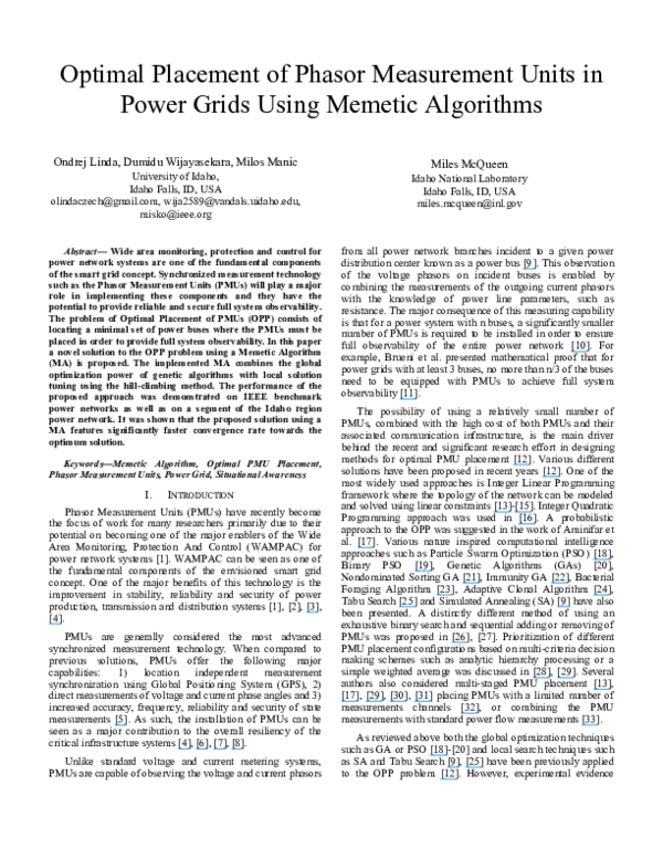Pdf Optimal Placement Of Phasor Measurement Units By Genetic Algorithm