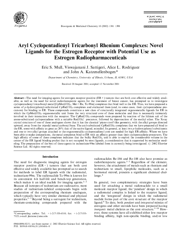(PDF) Aryl Cyclopentadienyl Tricarbonyl Rhenium Complexes: Novel Ligands for the Estrogen ...