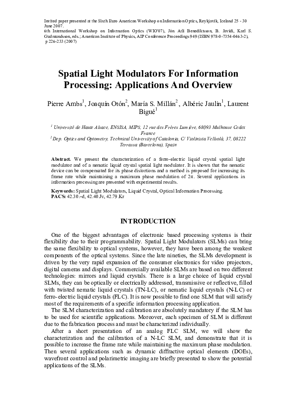 (PDF) Spatial Light Modulators For Information Processing: Applications And Overview