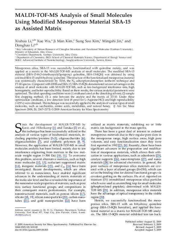 Pdf Maldi Tof Ms Analysis Of Small Molecules Using Modified Mesoporous Material Sba15 As