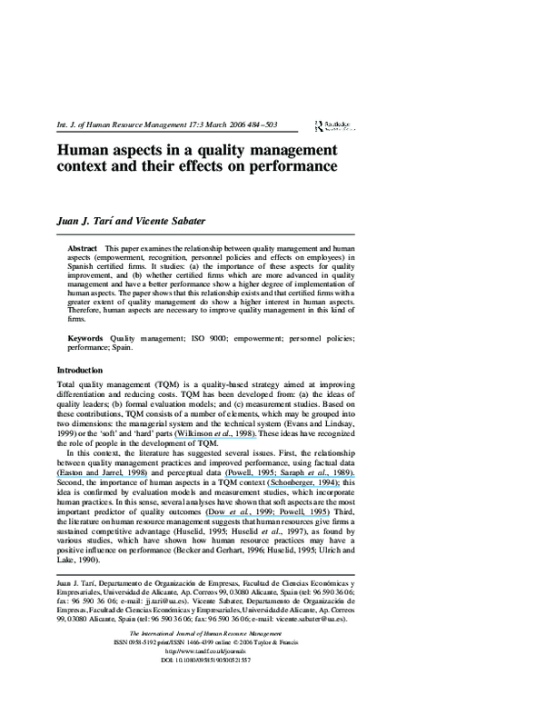 (PDF) Human aspects in a quality management context and their effects ...