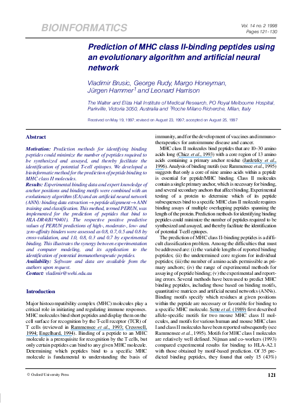 Pdf Prediction Of Mhc Class Ii Binding Peptides Using An Evolutionary Algorithm And Artificial