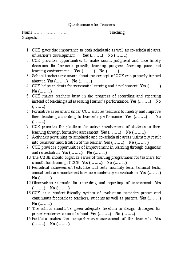 (DOC) Questionnaire for Teachers