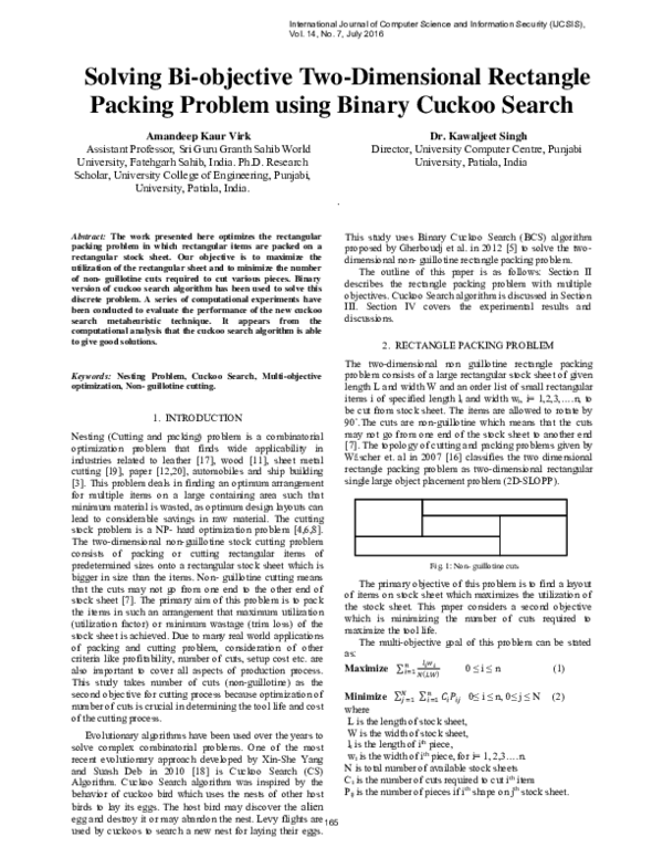 Pdf Solving Bi Objective Two Dimensional Rectangle Packing Problem Using Binary Cuckoo Search