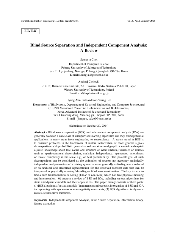 (PDF) Blind Source Separation and Independent Component Analysis: A Review