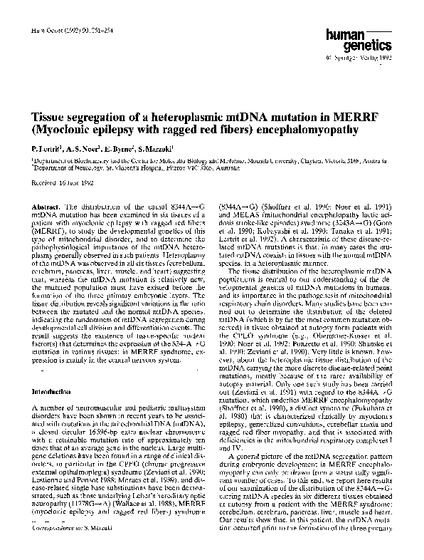 (PDF) Tissue segregation of a heteroplasmic mtDNA mutation in MERRF ...