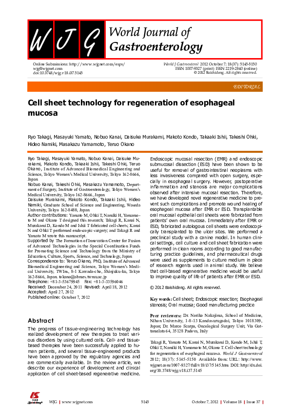 (PDF) Cell sheet technology for regeneration of esophageal mucosa ...