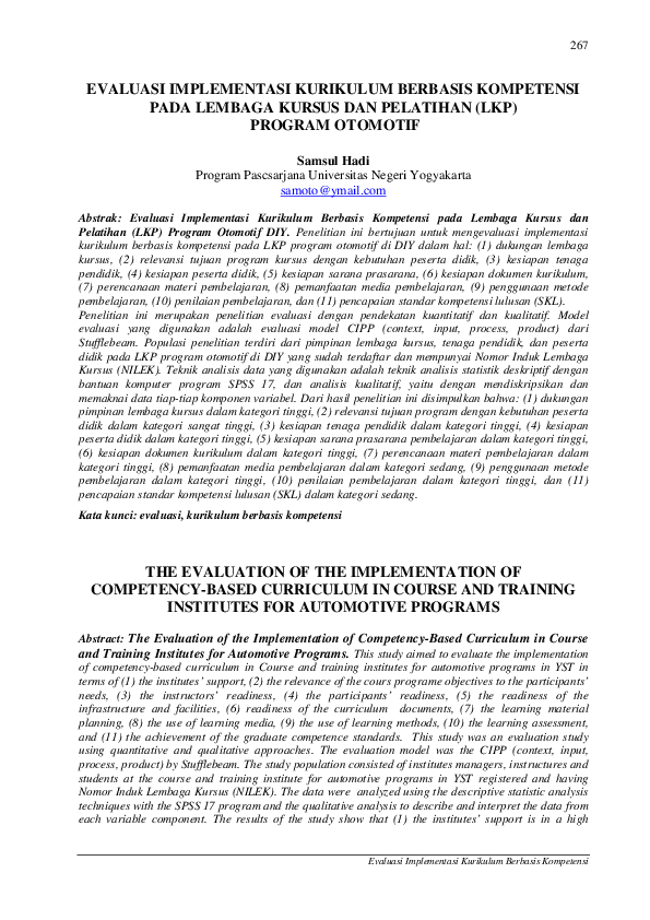 (PDF) Evaluasi Implementasi Kurikulum Berbasis Kompetensi pada Lembaga Kursus dan Pelatihan (LKP ...